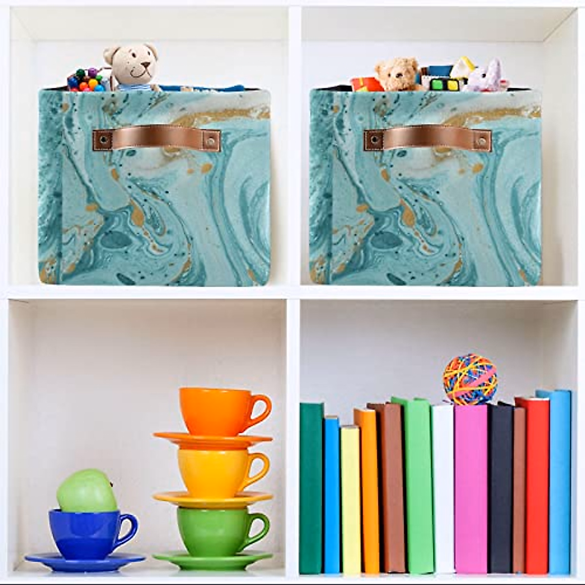 Kigai Turquoise Marble Texture Storage Baskets Rectangle Foldable Canvas Fabric Organizer Storage Boxes with Handles for Home Office Decorative Closet Shelves Clothes Storage