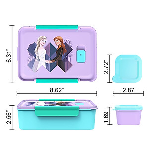 Zak Designs Disney Frozen 2 Reusable Plastic Bento Box with Leak-Proof Seal, Carrying Handle, Microwave Steam Vent, and Individual Containers for Kids' Packed Lunch (3 PCs Set, Anna & Elsa)