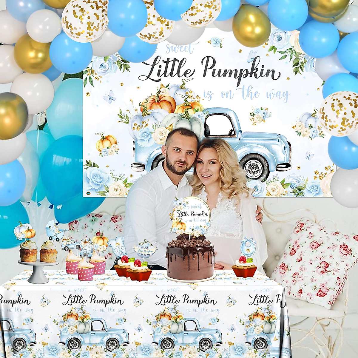 Little Pumpkin Baby Shower Decorations for Boy, A Sweet Little Pumpkin Is on the Way Blue Backdrop Balloon Garland Kit for Fall Autumn Thanksgiving Baby Shower Background Party Supplies
