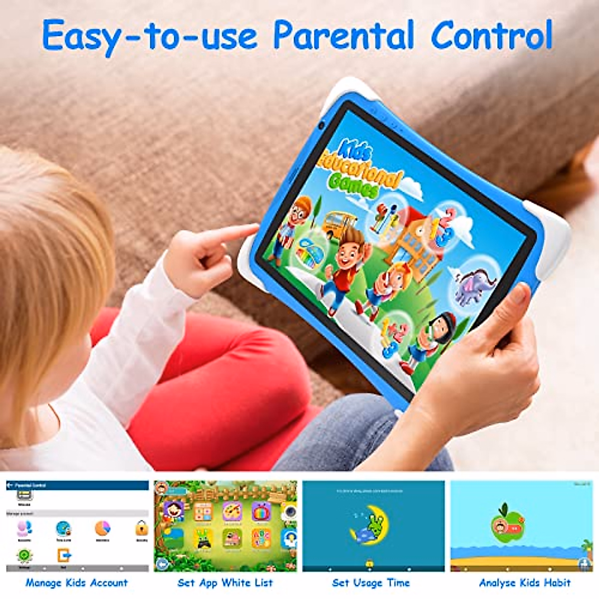 DOMATON Kids Tablet 10 inch, Android 13 Tablet for Kids, Parental Controls, 6000mAh Battery, Kids Contents Toddler Tablet, Eye Protection Mode, Shockproof Case with Stand (Blue)