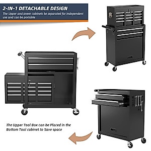 8-Drawer Rolling Tool Chest & Portable Tool Box with 2 Handles, Lockable Rolling Tool Box with 4 Hooks, Large Capacity Garage Storage Tool Cabinet for Warehouse, Repair Shop(Black)