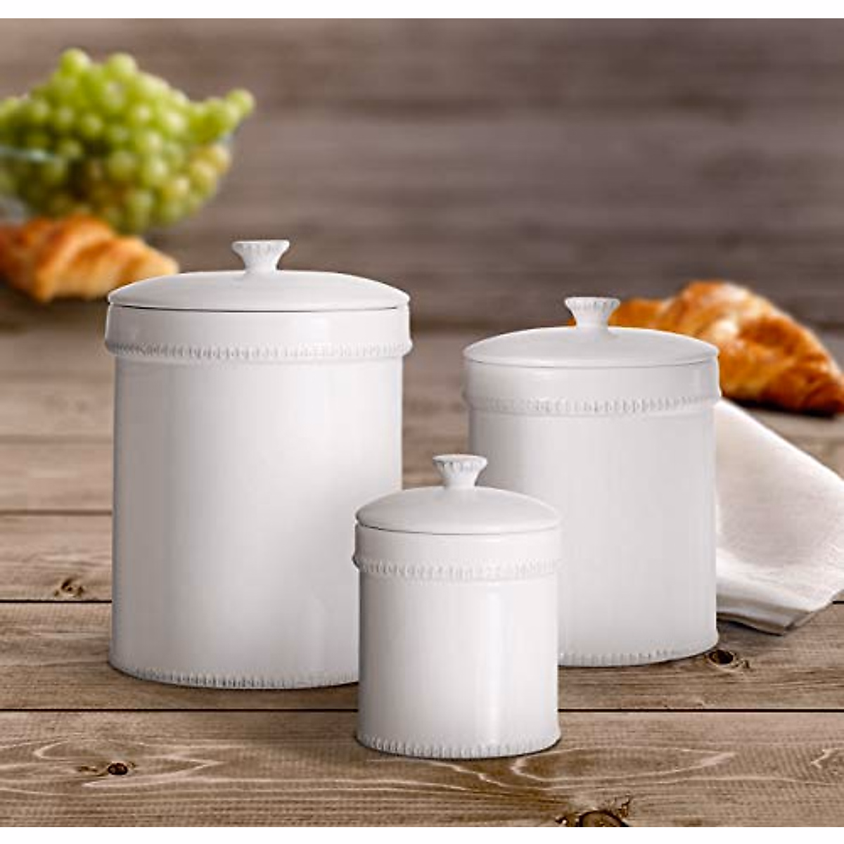 American Atelier Bianca Dash Canister Set 3-Piece Ceramic Jars in 30oz, 70oz and 122oz Chic Design with Lids for Cookies, Candy, Coffee, Flour, Sugar, Rice, Pasta, Cereal & More, White 1, 3 Count
