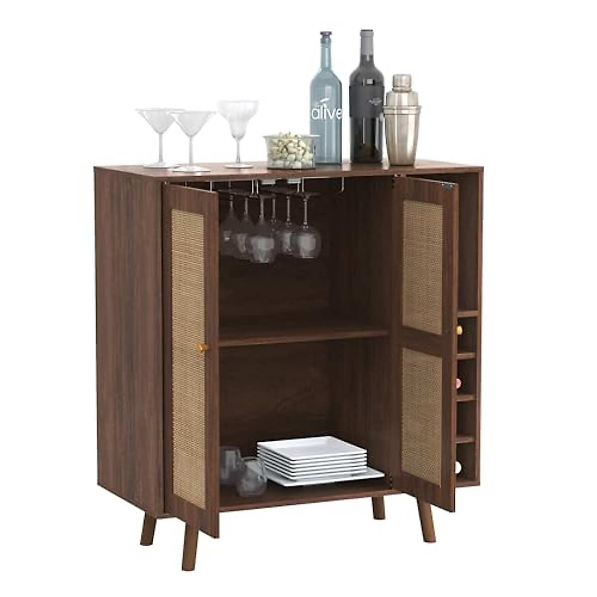 Atlantic Loft & Luv Remy Boho Mid-Century Bar Cabinet with Natural Rattan Panels with Storage, Walnut Finish