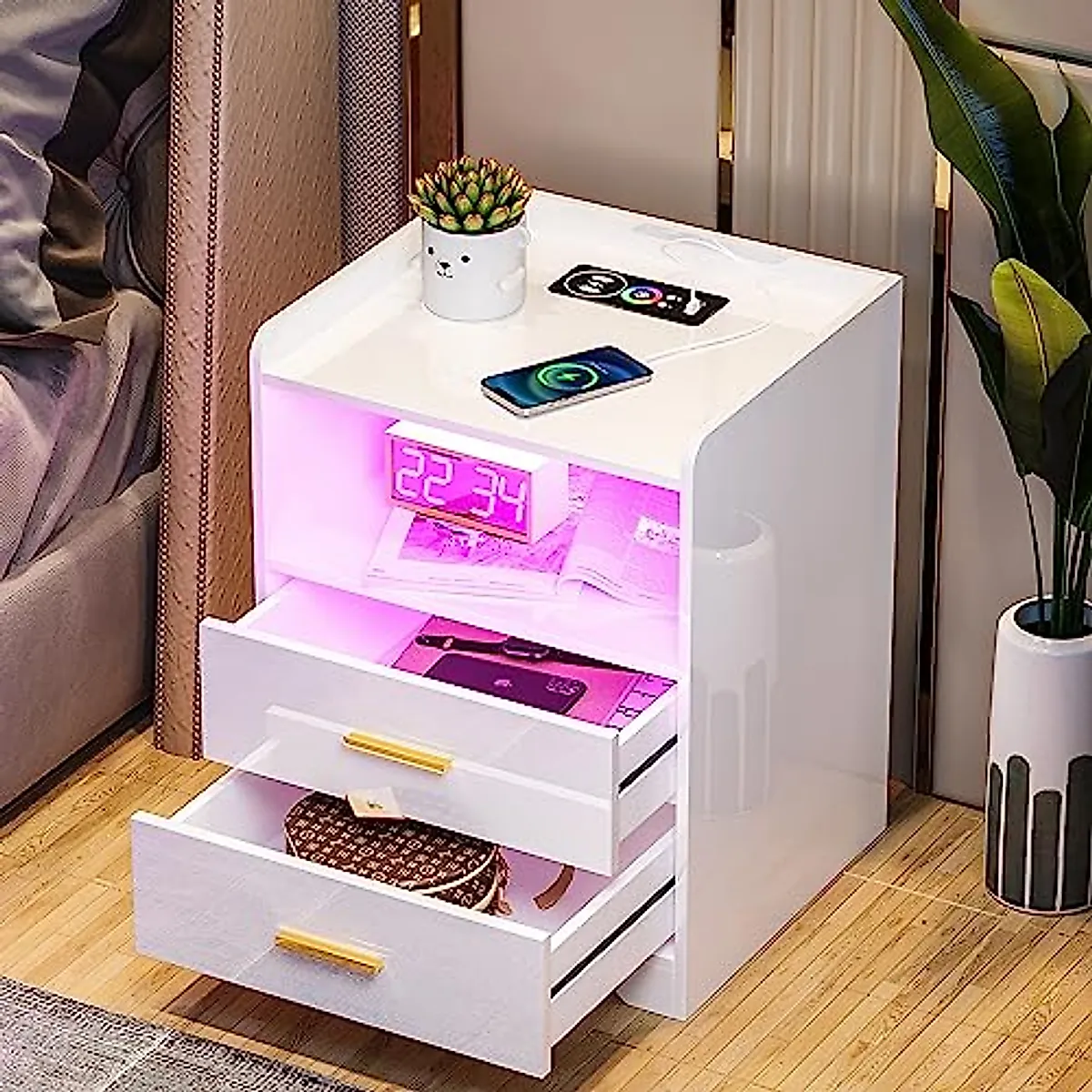HNEBC Night Stand with Charging Station,LED Nightstand with Body Sensor Function, Smart Nightstand has RGB Lights Mode,Bedside Table with Drawers,Side Table for Bedroom/Living Room (White)