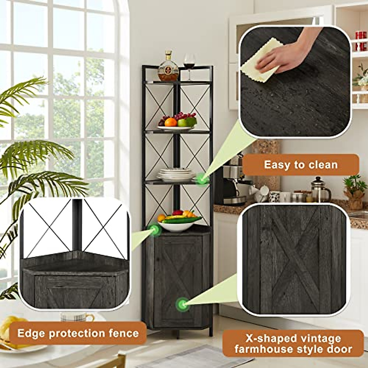 MIERES 5-Tier Standing Corner Shelf with Storage, Tall Ladder Corner Cabinet Bookshelf Bookcase with Door and Shelves, Rustic Display Plant Stand for Living Room, Bedroom, Home Office, Kitchen, Grey