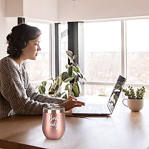 Boss Lady Wine Tumbler Cupcake Wine Socks Set, Bosses Day Christmas Gifts for Women Boss Female Friends Mom, 12 Oz Insulated Stainless Steel WineTumbler with Lid, Socks, Opener, Stopper, Rose Gold