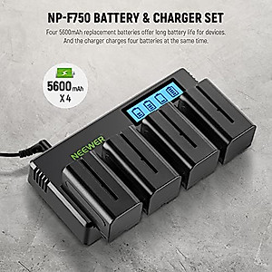 Neewer 4 Packs NP-F750 Replacement Batteries 7.4V 5600mAh with 4 Channel Battery Charger & Power Adapter, Compatible with NP-F550/750/770/970 FM500H QM71D QM91D, Field Monitor, Video Light