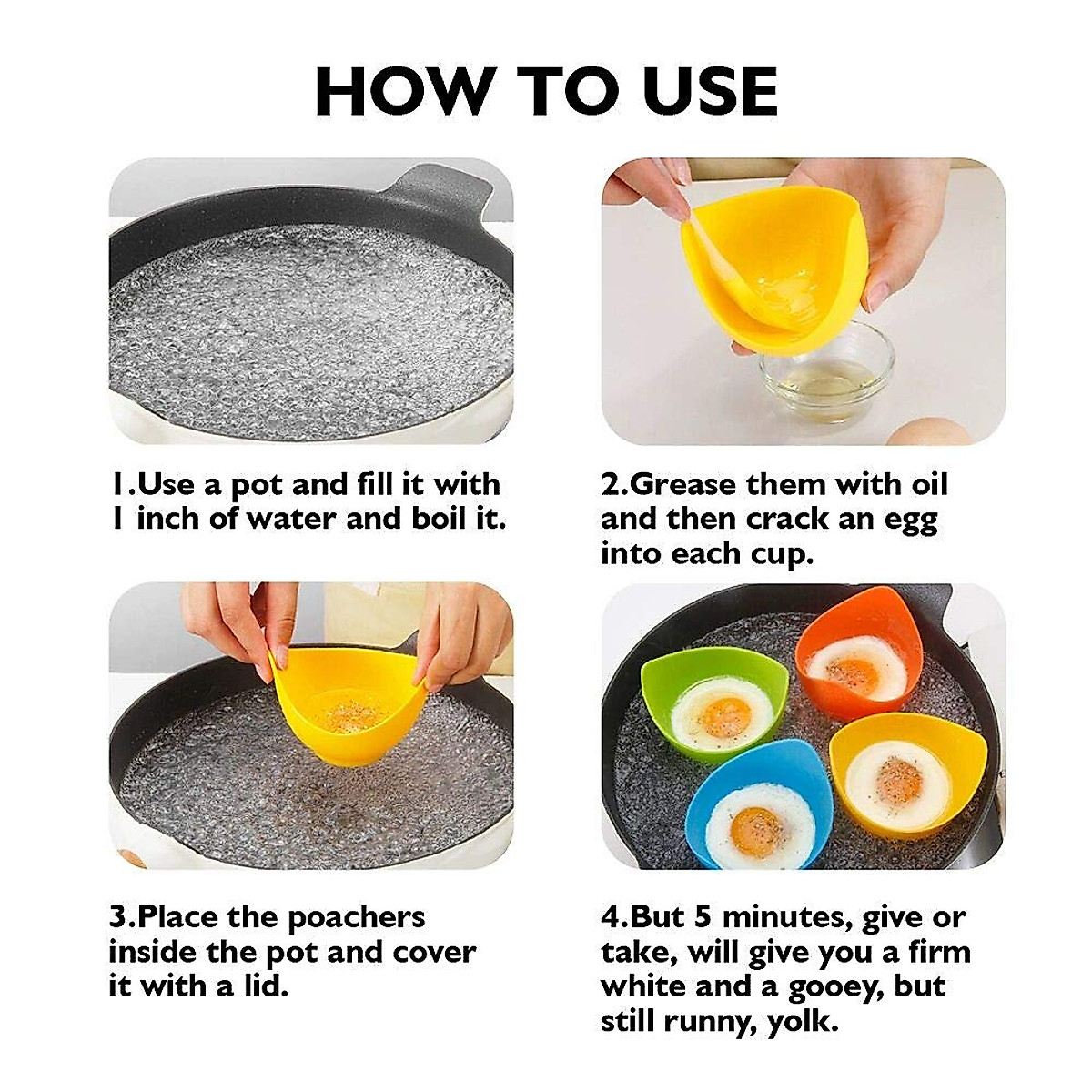 Egg Poacher - Poached Egg Cooker with Ring Standers, Food Grade Non Stick Silicone Egg Poaching Cup for Microwave or Stovetop Egg Poaching, with Extra Silicone Oil Brush, BPA Free, 4 Pack