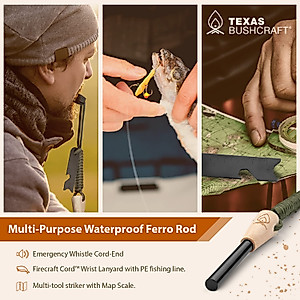 Texas Bushcraft Fire Starter - 3/8" Thick Ferro Rod with Striker and Paracord Wrist Lanyard – Waterproof Flint Fire Steel Survival Lighter for Your Camping, Hiking and Backpacking Gear