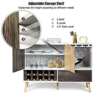 Giantex Buffet Sideboard with Storage, Wine Bar Cabinet for 10 Bottles, Glass Holder, Large Drawer, Wood Cupboard Pantry for Kitchen Cupboard, Standing Credenza (White & Wood)