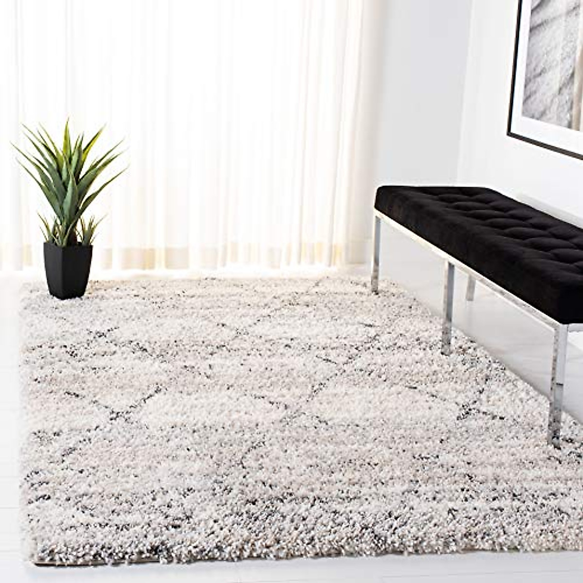 SAFAVIEH Fontana Shag Collection 8' x 10' Grey/Ivory FNT886F Modern Trellis Non-Shedding Living Room Bedroom Dining Room Entryway Plush 2-inch Thick Area Rug