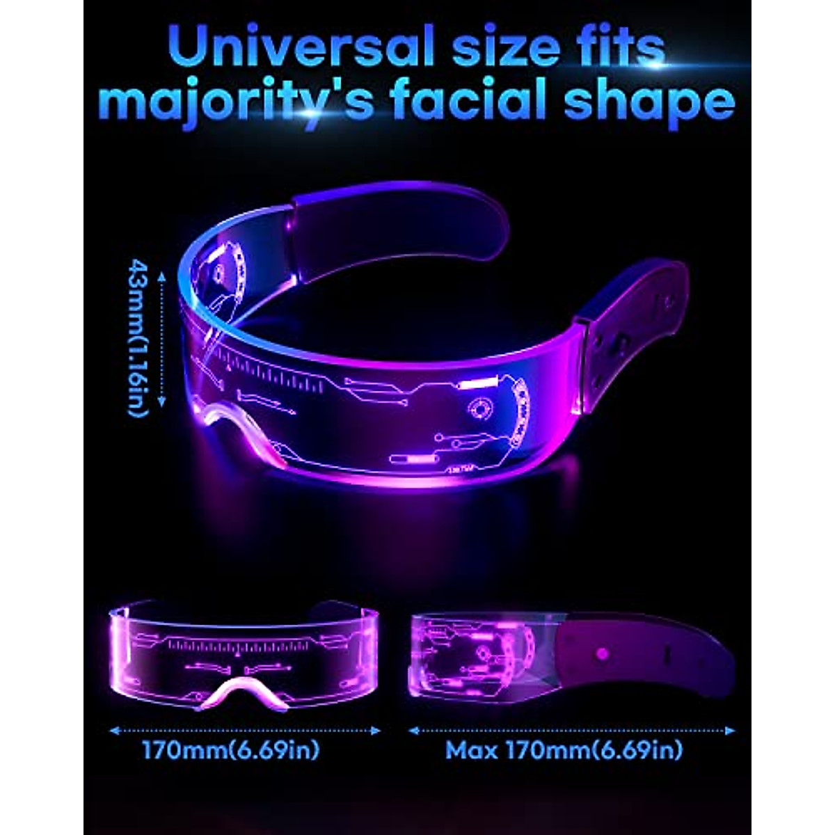 NIUCOO LED Visor Glasses Light Up: [7 Colors 4 Modes] Cyberpunk Futuristic Luminous Cosplay Glasses Rave Cyber Lightup Goggles (High Tech)