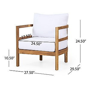 Acacia Wood Outdoor Club Chair with Cushions White Transitional Fabric Arm Chairs Removable