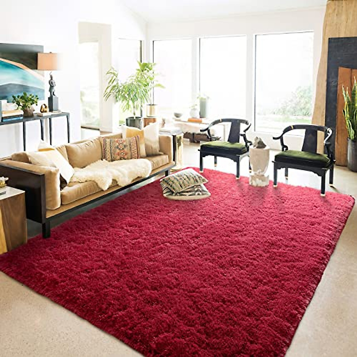 Chicrug Wine Red Fluffy Area Rugs for Living Room Bedroom, Large Area Rug for Kids, Shag Plush Fuzzy Carpet Modern Furry Rug Nursery Playroom Indoor Non Slip Carpet 4x6 Feet