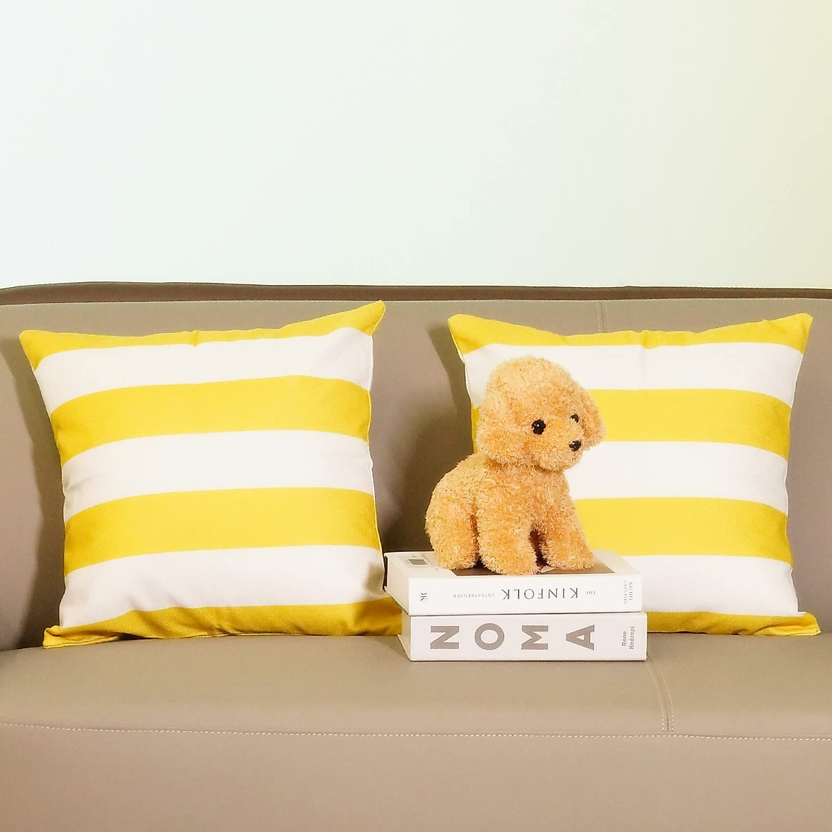 tiggell 2 Pack Waterproof Pillow Covers Outdoor Throw Pillowcases Decorative Garden Cushion Case for Home Garden Patio Couch Balcony Striped (Yellow & White, 18 * 18 inch)