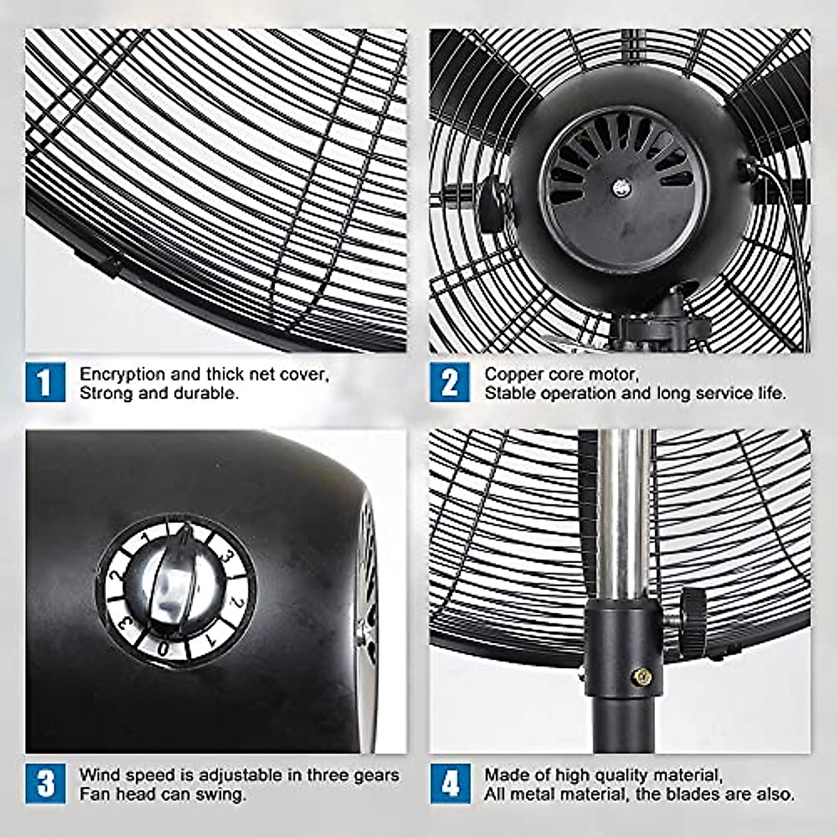KAPAS Industrial Pedestal Fans, Commercial Oscillating Fan Made by Heavy Duty Metal Structure and Blade, Adjust Height, 3- Speed Control Suitable to Warehouse, Shop, Garage, and Workspace. (30'')
