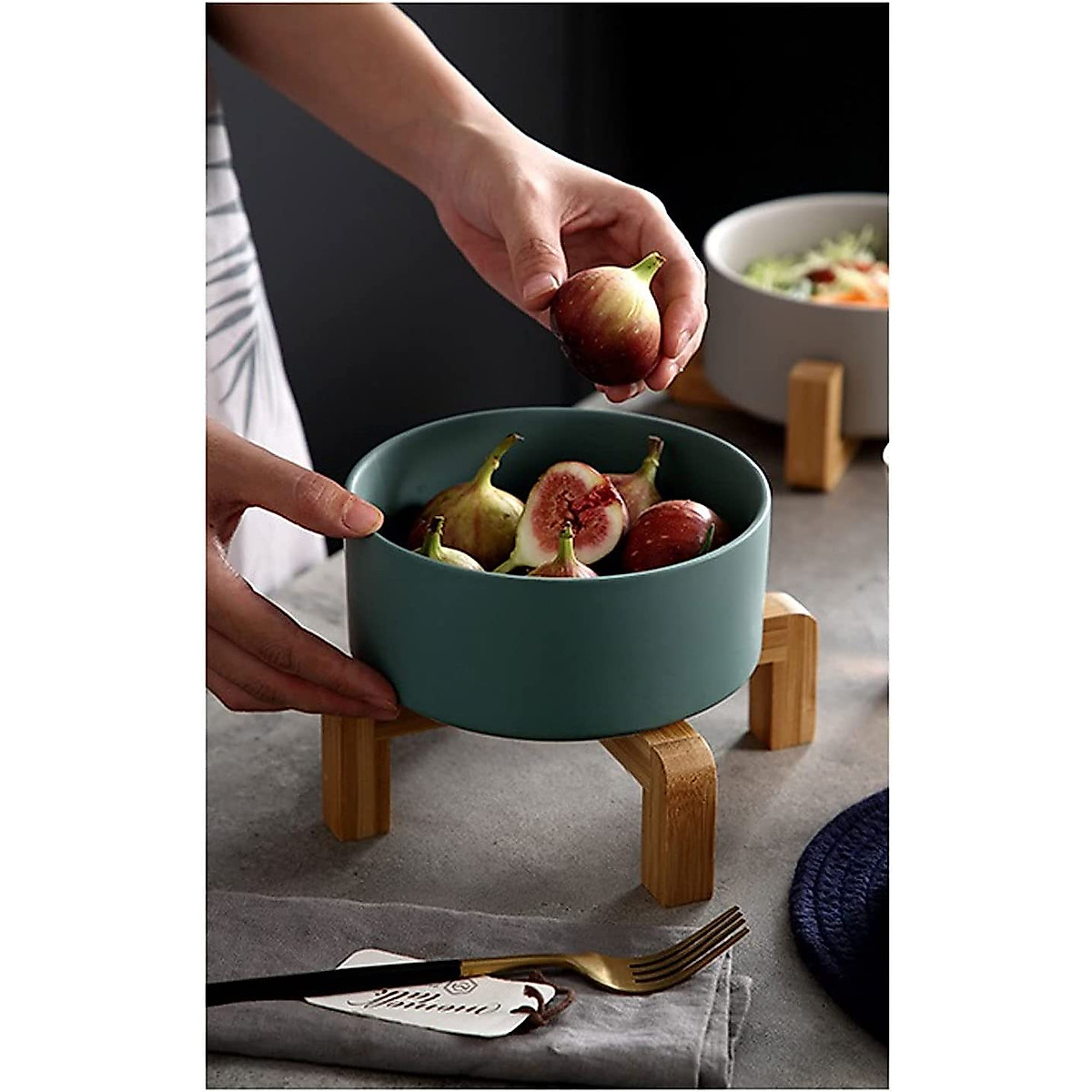 DHAEY Fruit Bowl Fruit Holder Large Fruit Bowl Dessert Bowl Household Wooden Foot Personalized Ceramic Bowl Kitchen (Color : Green)