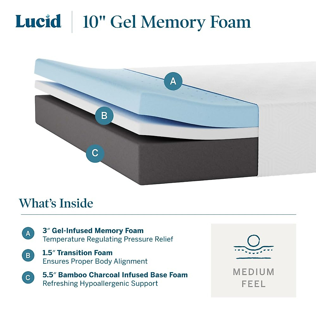 LUCID 10 Inch Memory Foam Mattress - Medium Feel - Infused with Bamboo Charcoal and Gel - Bed in a Box - Temperature Regulating - Pressure Relief - Breathable - Twin XL Size