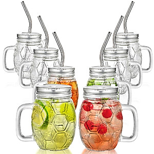 Hiceeden 8 Pack Glass Mason Jars with Lids and Straws, 16 Oz Mason Jar Drinking Glasses with Handle, Mason Mugs Cups with Honeycomb Pattern for Juice, Iced Coffee, Milk Tea, Smoothie, Cocktail