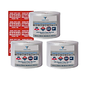 Bubble cushioning wrap 525 ft² (3 Rolls of 175 ft x 12" Wide) - 3/16" Small Bubble - Perforated Every 12''- With 10 Fragile stickers by Fresh Farm LLC
