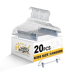 Quality Clear Kids Pants Hangers with Clips 20 Pack | Heavy Duty Skirt Hangers with Swivel Hook and Notches | Space Saving Kids Clip Hangers for Pants | 13.7 Inch (20, Clear)