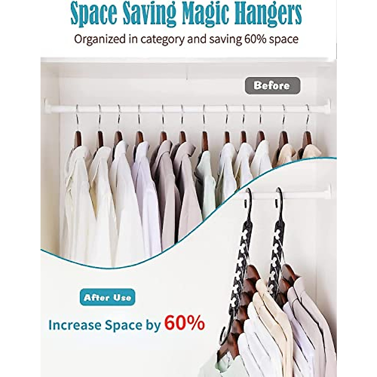 10 Magic Hangers with 50pack Velvet Hangers - Your Wardrobe's Best Friends, Black Felt Hangers Non Slip with Rose Gold Hook, Premium Felt Hangers for Adult, Heavy Duty