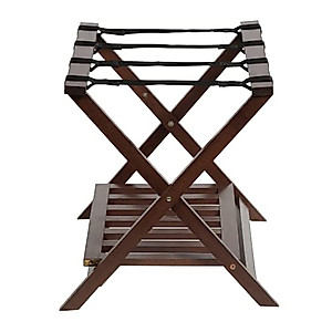 PJ Wood Foldable Luggage Rack with Shelf - Walnut