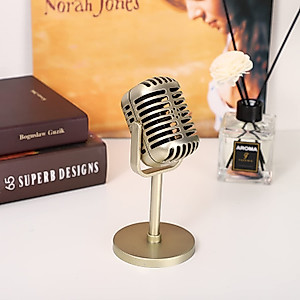 Facmogu Retro Microphone Props Model, Vintage Prop Mic, Fake Plastic Microphone Stage Table Ornament for Halloween Wedding Birthday Party Decoration - Gold