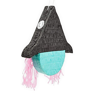 Cute Witch Pinata for Halloween Party Supplies Decorations, Silver Foil Stars Hat with Pink Hair (16 x 13 x 3 in)