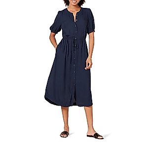 Amazon Essentials Women's Relaxed Fit Half-Sleeve Waisted Midi A-Line Dress, Navy, Large