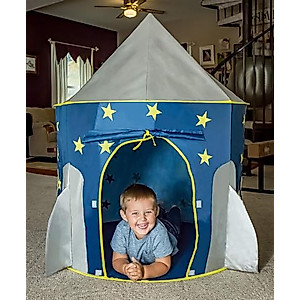 FoxPrint Rocket Ship Tent - Space Themed Pretend Play Tent - Space Play House - Spaceship Tent For Kids - Foldable Pop Up Star Play Tent Blue