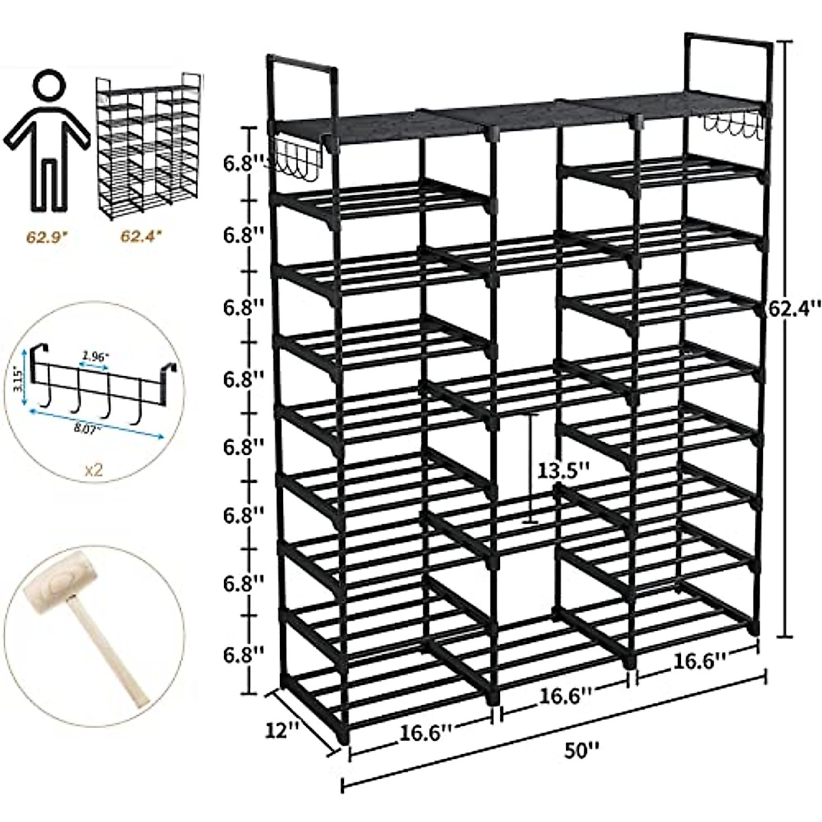 HOSTARME 9 Tiers Shoe Rack for Closet Entryway, Free Standing Racks Shelf Large Storge Organizer 50-55 Pairs and Boots with Versatile Hooks Hammer Bedroom Hallway, Black