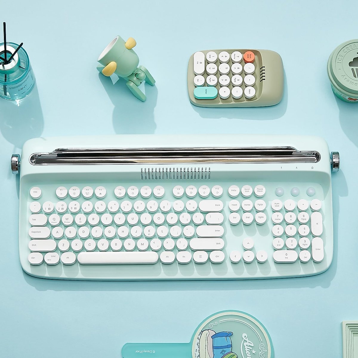 YUNZII ACTTO B503 Wireless Typewriter Keyboard, Retro Bluetooth Aesthetic Keyboard with Integrated Stand for Multi-Device (B503, Sweet Mint)