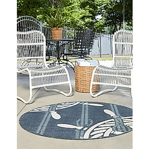 Unique Loom Outdoor Coastal Collection Area Rug - Helm (7' 1" Round, Navy Blue/ Ivory)