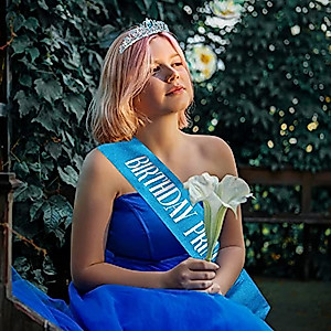 CIEHER Princess Crown and Birthday Sash Set, Blue Birthday Crown Birthday Girl Crown Birthday Tiara for Women Birthday Decorations for Girls Happy Birthday Accessories Birthday Gifts