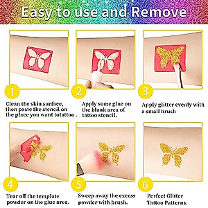 Temporary Glitter Tattoos Kids,32 Glitter Colors and 6 Fluorescent Colors,165 Stencils,2 diamond stickers,3 Glue,5 Brushes,1 Powder Puff,Adults and Kids Arts Glitter Kit,Holiday Gifts for Girls&Boys.