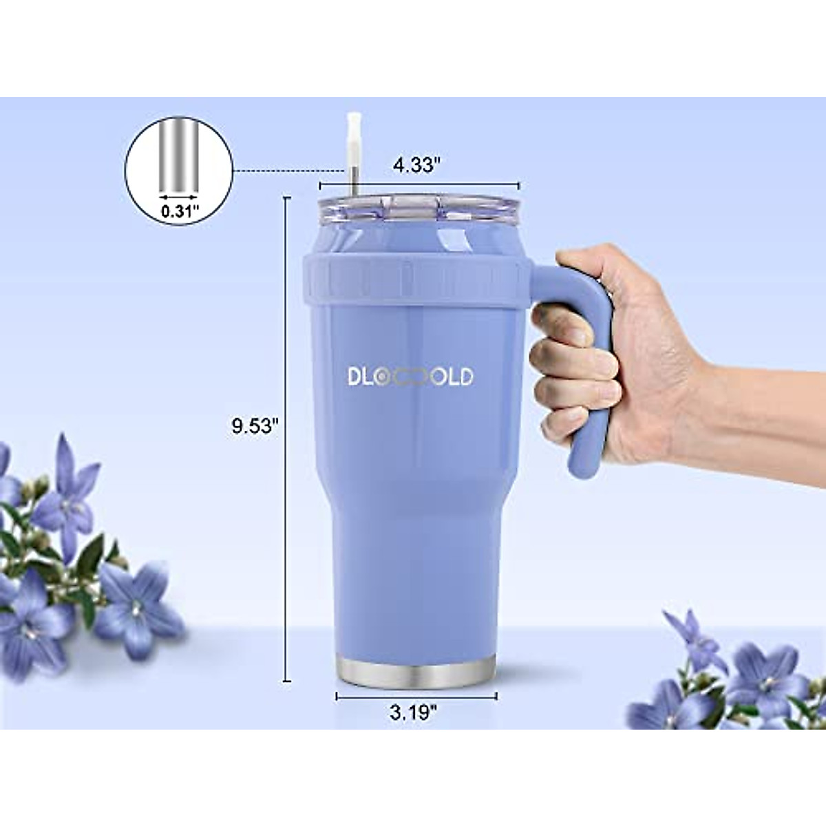 DLOCCOLD 40 oz Tumbler with Handle, Lid & Straw, Vacuum Insulated Double Walled Stainless Steel Tumbler, Thermos Travel Coffee Mug for Women Men, Reusable water Tumbler with Leak-Proof Lid — Lavender