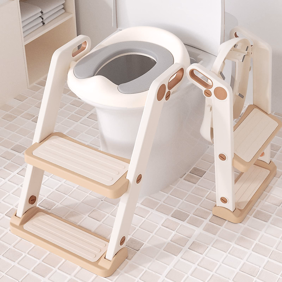 XJD Potty Training Toilet for Toddler, Potty Toddler Toilet with Step Ladder for Kids Boys Girls Potty Training Seat Adjustable Comfortable PU Safe Potty Seat with Anti-Slip Pads (Gold)