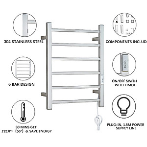 FUREX Towel Warmer 6 Bar Electric Heated Towel Rack Wall Mount Plug-in/Bath Towel Heater (Mirror Polish - Timer)