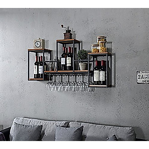 Wine Rack Stylish Simplicity Wrought Iron Wall Mounted Europeanstyle Retro Solid Wood Multifunctional Storage Rack Wine Cabinets for Living Room Bar, PIBM