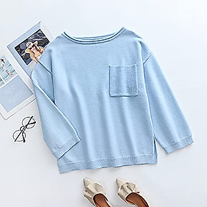 ECOWISH Womens Sweaters Loose Fit Long Sleeve Pullover Crew Neck Knit Sweater with Pockets 217 Blue X-Large