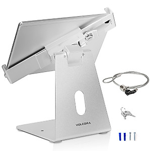 Volcora Anti-Theft Tablet Stand iPad Security Holder with Lock, Silver 9-13 Inch Kiosk Stand Mount, Swivel, Adjustable, for iPad Pro, Air, POS Register, Retail Business, Checkout, Cashier