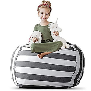 Creative QT Stuff ’n Sit Extra Large 38’’ Bean Bag Storage Cover for Stuffed Animals & Toys – Gray & White Stripe – Toddler & Kids’ Rooms Organizer – Giant Beanbag Great Plush Toy Hammock Alternative