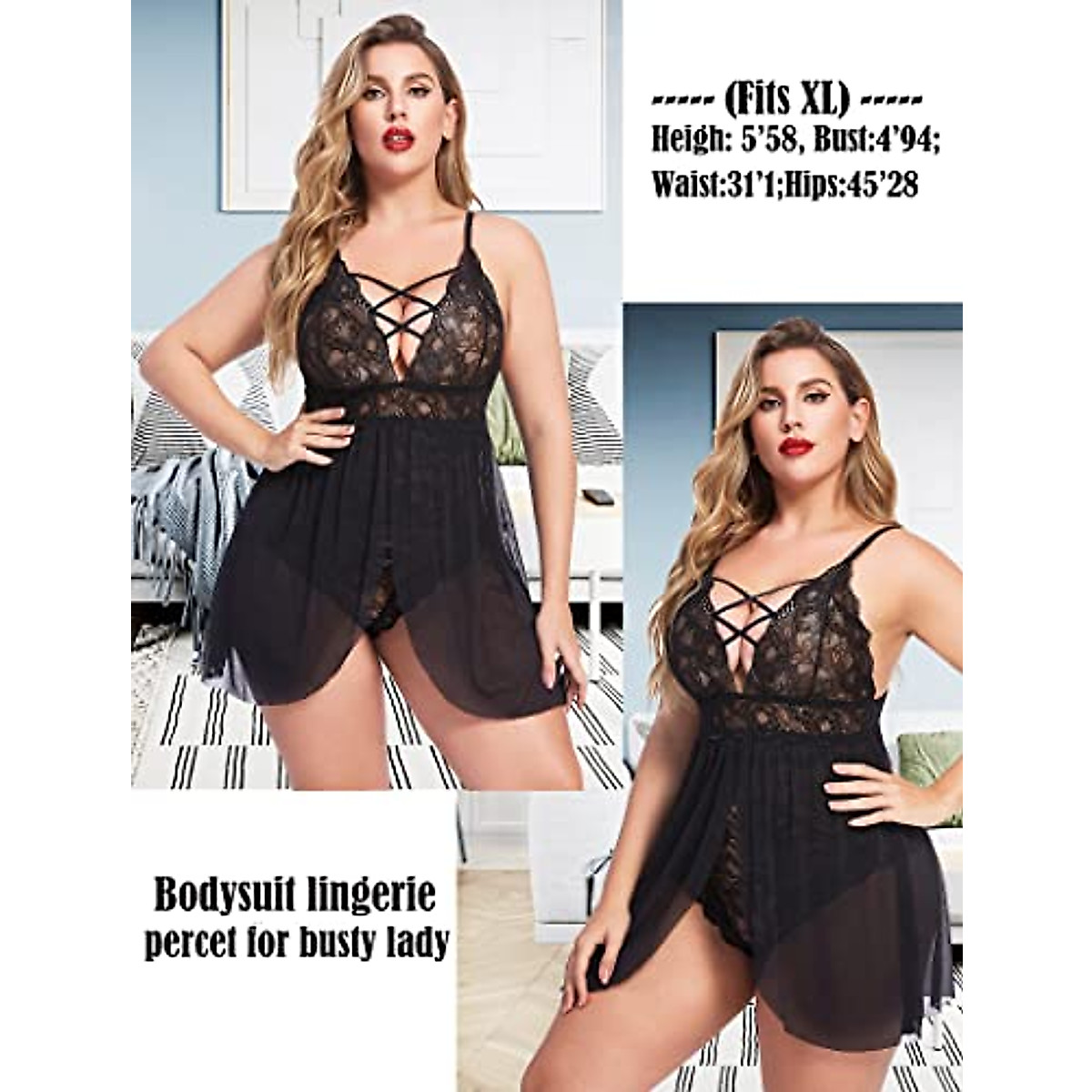 Avidlove Plus Size Lace Sleepwear Sexy Lingerie Lace Babydoll Set Nightwear Dress (Black, 3XL)