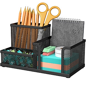 MaxGear Mesh Pen Holder for Desk Pencil Holder Desk Organizer 3 Compartments, Office Supplies Pen Organizer Desk Caddy Desktop Storage Stationary Organizer, Office Desk Accessories School, Black