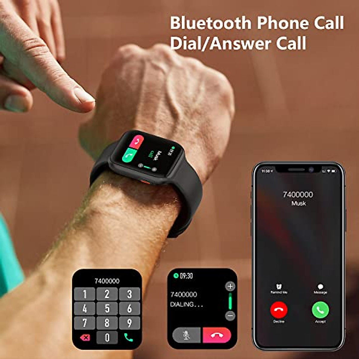 BRIBEJAT BT3 Smart Watch for Men Women Compatible with Samsung iPhone Android Phones (Dial/Answer Calls) 1.7'' 2.5D Screen, Voice Assistant, SpO2/Heart Rate/Sleep Monitor, IP68 Waterproof, Black