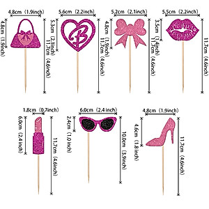 24 PCS Princess Cupcake Toppers Glitter Pink Girl Cupcake Picks Handbag Glasses Bow Lipstick Tie High Heel Cake Decorations for Wedding Bridal Shower Baby Shower Birthday Party Supplies Rose Red