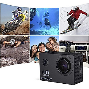 VEMONT Action Camera, 1080P 12MP Sports Camera Full HD 2.0 Inch Action Cam 30m/98ft Underwater Waterproof Snorkel surf Camera with Wide-Angle Lens and Mounting Accessories Kit