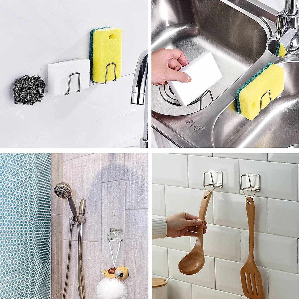 4Pcs Sponge Holders for Kitchen Sink,Strong Adhesive Small Sponge Holder,Stainless Steel Rustproof Waterproof Kitchen Sink Caddy Save Sink Space,Quick Drying(silver)