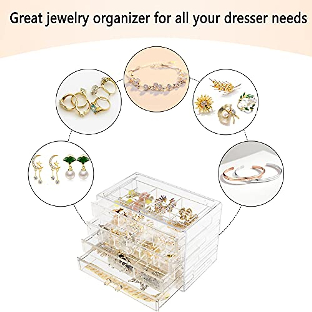 Weiai Acrylic Jewelry Box 4 Drawers, 72 Grids Clear Jewelry Organizer with Adjustable Dividers, Large Capacity Earring Ring Gift Boxes